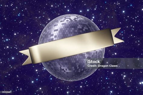 디스코 볼에는 복사 공간과 별이 빛나는 배경으로 황금 배너가 있습니다 웹 사이트 템플릿 및 슬라이드 쇼 프레젠테이션을 위한 디자인 요소로서의 일러스트레이션 리본상에 대한