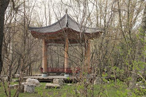 중국 전통 석조 정원의 동양 파빌리온 동양 숲의 녹색 식물과 바위 아시아 스타일의 식물원에서 조경을 위한 장식용 관목 잔디와 자갈이 있는 선 정원 0명에 대한 스톡 사진 및