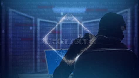 Animation Of Data And Information Processing With Masked Hacker Using Laptop In Server Room