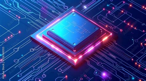 Futuristic Microchip Processor With Lights On The Blue Background Quantum Computer Large Data