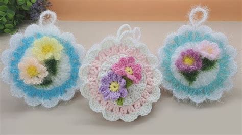 수세미코바늘 가을 소국화 평면 수세미 뜨기 Crochet Coaster 뜨개질 공예 뜨개질과 코바늘뜨기 공예