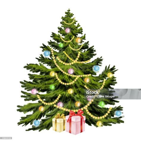 축제 화환과 빛나는 조명이 있는 크리스마스 푹신한 나무 수채화 디지털 일러스트레이션 새해 침엽수 나무와 흰색 배경에 고립 된 선물과 상자 카드 패브릭 디자인 12월에 대한