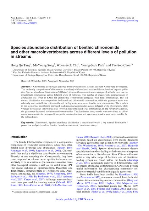 Pdf Species Abundance Distribution Of Benthic Chironomids And Other Macroinvertebrates Across