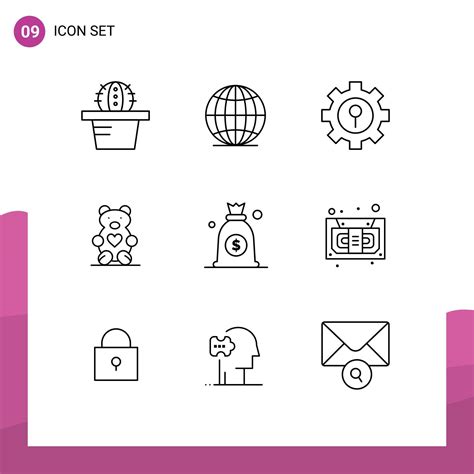 9 Universal Outline Signs Symbols Of Cassette Bag Setting Money Wedding Editable Vector Design