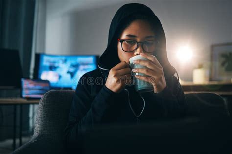 Hacker Woman Coffee And Night For Coding Thinking And Ideas For Cybersecurity Data Phishing