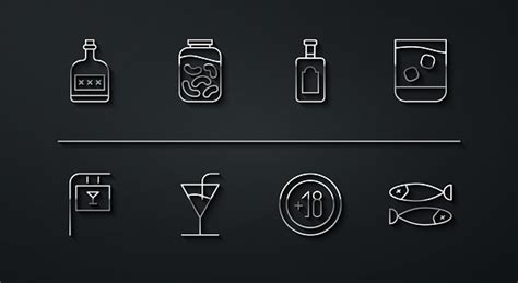 세트 라인 알코올 음료 럼 병 바가있는 거리 간판 위스키 한 잔 18 플러스 칵테일 절인 오이 항아리 건어물 및 위스키 아이콘 벡터 0명에 대한 스톡 벡터 아트 및 기타