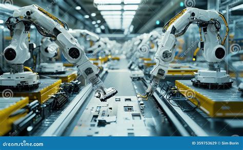Robotic Arms Assembling Parts On A High Tech Production Stock Image Image Of Tools Modern