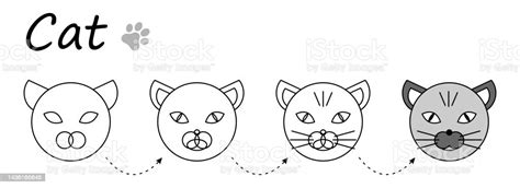 아이 색칠 워크 시트 단계별 그리기 고양이 미취학 아동을위한 쉬운 교육 게임 0명에 대한 스톡 벡터 아트 및 기타 이미지 0