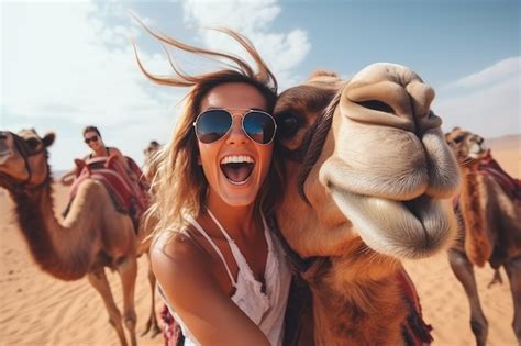 Happy Tourist Having Fun Enjoying Group Camel Ride Tour Premium Ai