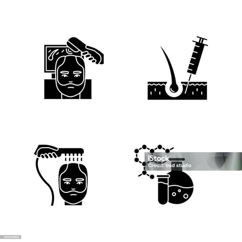 공백에 설정 탈모 검은 문말 아이콘 남성의 숱이 머리를위한 레이저 치료 탈모증에 대한 의료 주사 남성 탈모 치료 실루엣 기호입니다 벡터 절연 그림 개념에 대한 스톡 벡터