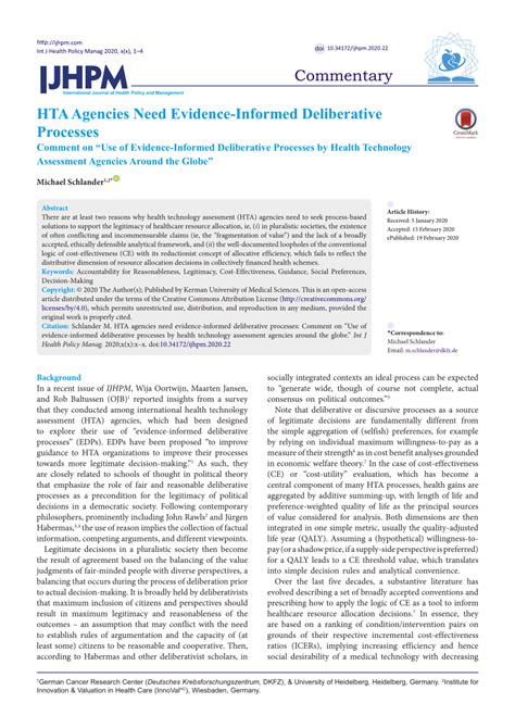 Pdf Hta Agencies Need Evidence Informed Deliberative Processes Comment On Use Of Evidence