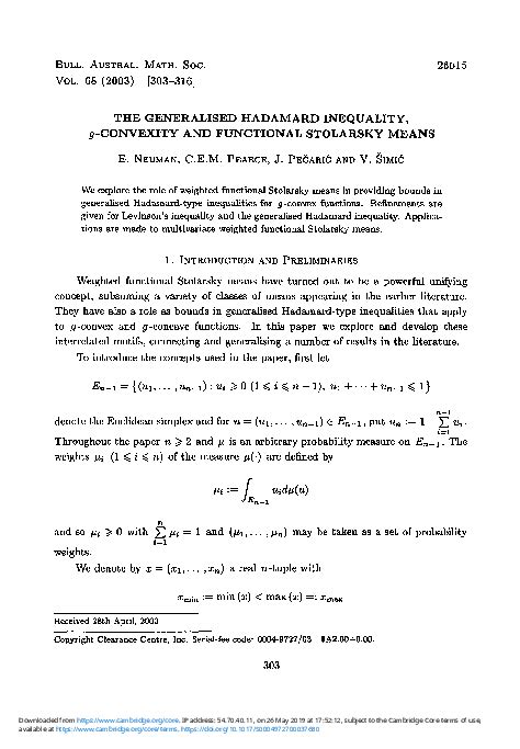 Pdf The Generalised Hadamard Inequality G Convexity And Functional Stolarsky Means