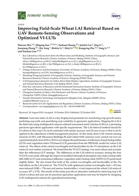 Pdf Improving Field Scale Wheat Lai Retrieval Based On Uav Remote Sensing Observations And