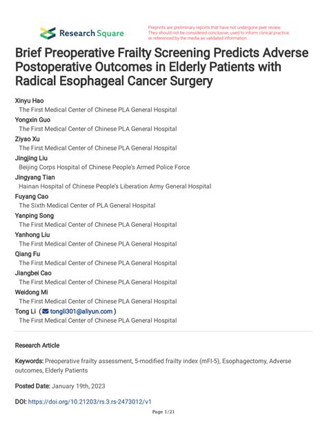 Pdf Brief Preoperative Frailty Screening Predicts Adverse Postoperative Outcomes In Elderly