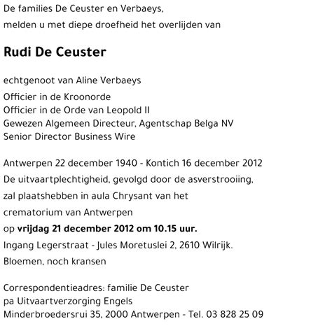 Avis De Décès De Rudi De Ceuster Décédé Le 16122012 à Kontich