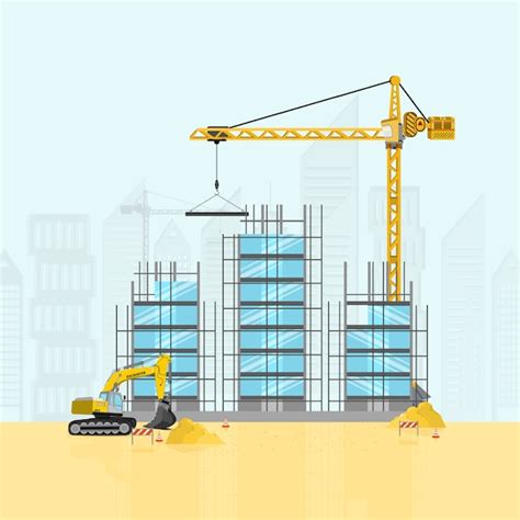 건설 크레인 및 굴삭기로 건설 프리미엄 벡터