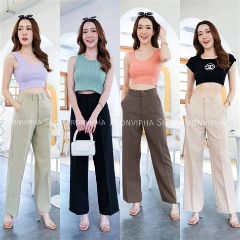 กางเกงเอวสูงขากระบอกใหญ่ ตะขอหน้า ทรงสวย แต่งจีบหน้าใส่สบาย ผ้าเปเป้