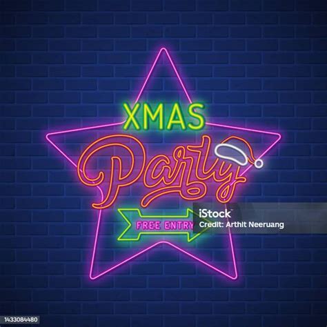 크리스마스 파티 네온 배너 디자인 템플릿 타이포그래피 산타스 모자와 네온 사인 샵 라이트 배너 스토어 밝은 간판 벡터 일러스트