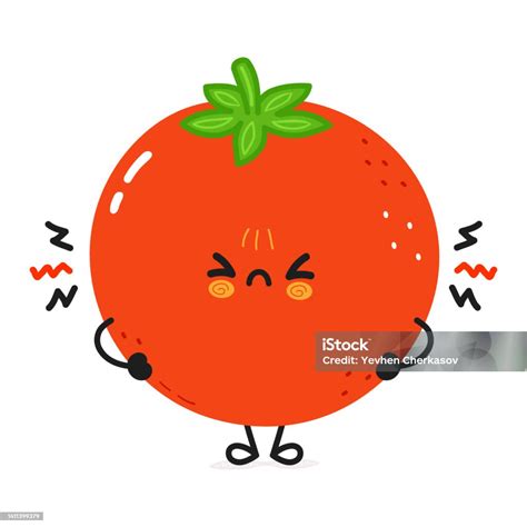 귀여운 화난 토마토 캐릭터 벡터 손으로 그린 만화 카와이 캐릭터 일러스트 레이 션 아이콘 흰색 배경에 고립되어 있습니다 슬픈 토마토 캐릭터 개념 0명에 대한 스톡 벡터 아트