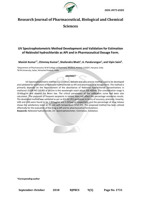 Pdf Uv Spectrophotometric Method Development And Validation For Estimation Of Nebivolol