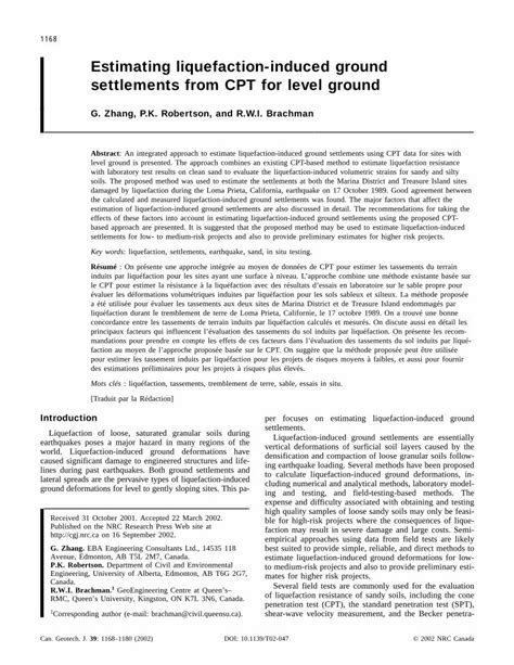 Pdf Estimating Liquefaction Induced Ground Settlements From Cpt For