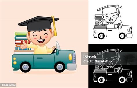 책을 싣는 자동차에 졸업 모자를 쓰고 행복한 소년의 벡터 만화 색칠하기 책 또는 페이지 검사 보기에 대한 스톡 벡터 아트 및 기타 이미지 검사 보기 고등학교 이하