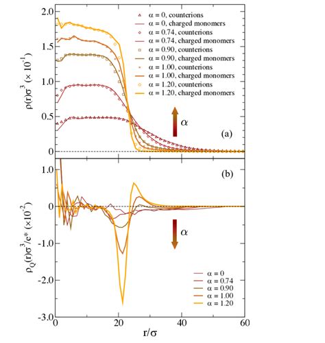 A Density Profiles For Charged Monomers Lines And Counterions Download Scientific Diagram