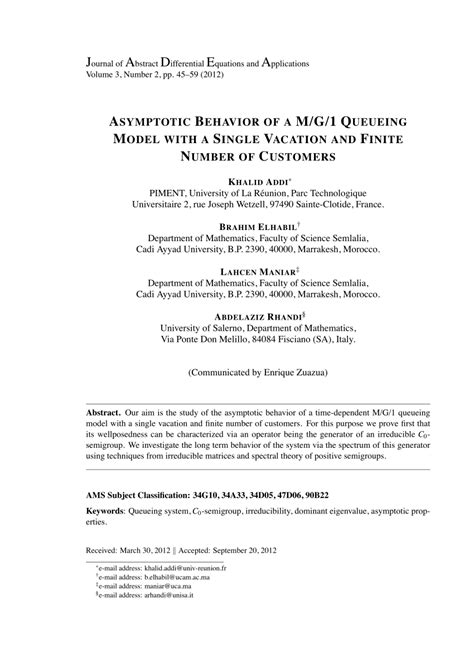 Pdf Asymptotic Behavior Of Mg1 Queueing Model With A Single Vacation And Infinite Number Of