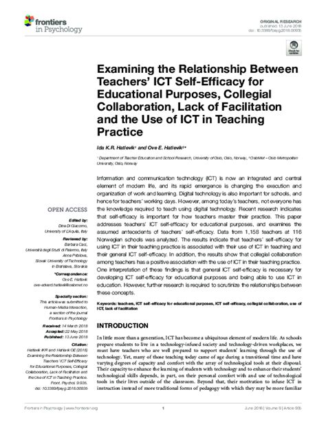Pdf Examining The Relationship Between Teachers Ict Self Efficacy