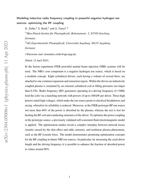 Pdf Modeling Inductive Radio Frequency Coupling In Powerful Negative Hydrogen Ion Sources