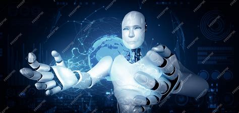 Premium Photo Mlp Ai Humanoid Robot Holding Hologram Screen Shows Concept Of Global Communication