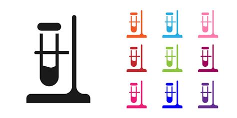 흰색 배경에 격리 된 스탠드 아이콘에 검은 유리 테스트 튜브 플라스크 실험실 장비 다채로운 아이콘을 설정합니다 벡터 건강 검진에 대한 스톡 벡터 아트 및 기타 이미지