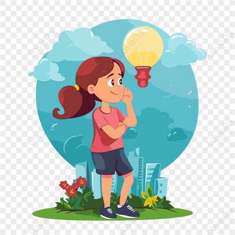 어린 소녀는 생각하는 전구 도시 하늘 전망 만화 벡터클립 아트 Png 일러스트 무료 다운로드 Lovepik