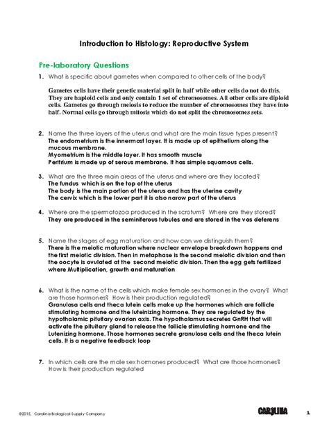 Introduction To Histology The Reproductive System Pre Lab Q 2015 Carolina Biological Supply