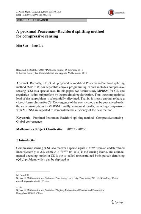 Pdf A Proximal Peaceman Rachford Splitting Method For Compressive Sensing