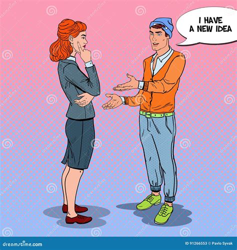 Young Man Talking With Business Woman In Office Pop Art Illustration