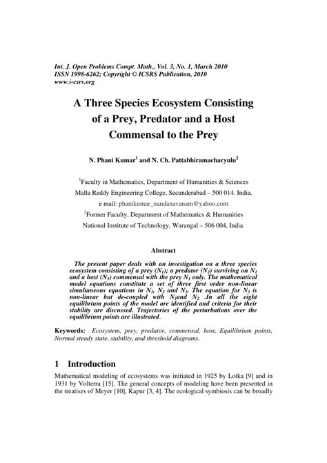 Pdf A Three Species Ecosystem Consisting Of A Prey Predator And A Host Commensal To The Prey