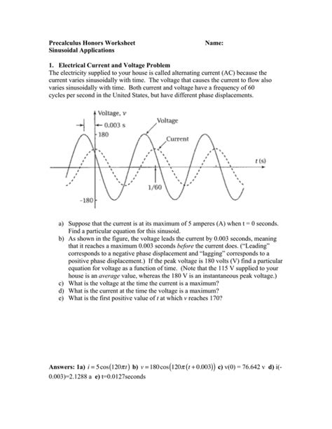Precalculus Sinusoidal Applications Worksheet