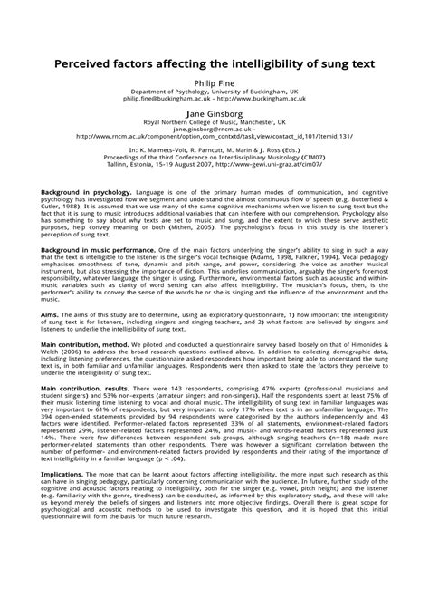 Pdf Perceived Factors Affecting The Intelligibility Of Sung Text