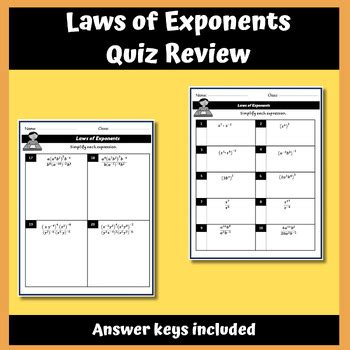 Laws Of Exponents Exponents Rules Quiz Review Worksheets Key Answers