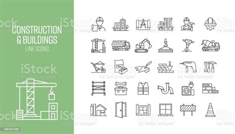 건설 및 건물 관련 라인 아이콘의 집합입니다 개요 심볼 컬렉션 크레인에 대한 스톡 벡터 아트 및 기타 이미지 크레인 아이콘 문 Istock