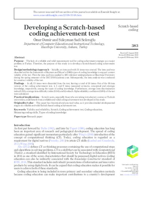Pdf Developing A Scratch Based Coding Achievement Test