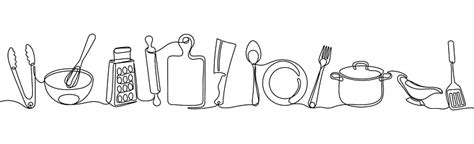 연속 한 줄 주방 도구 레스토랑 메뉴 디자인을 위한 음식 레시피를 위한 조리기구 수평 칸막이 선형 벡터 그림 레스토랑에 대한