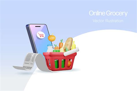 온라인 식료품 쇼핑 식료품 바구니는 스마트 폰으로 집으로 직접 배달됩니다 전자 상거래 인터넷 모바일 응용 프로그램 3d 벡터 3