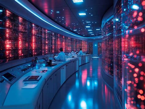 Image Shows A Bright Illuminated Interior Space With Rows Of Computer Monitors Or Data Screens