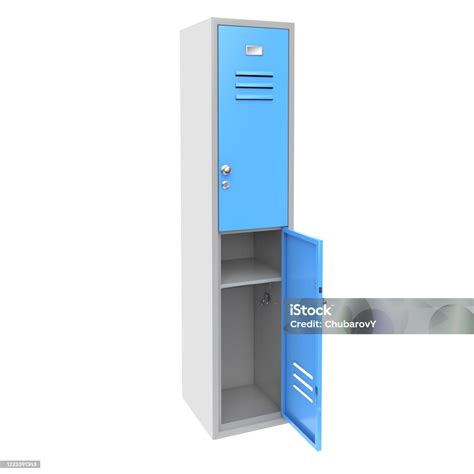파란색 금속 사물함 오픈 도어가 있는 2층 수납공간 3d 렌더링 일러스트레이션 사물함에 대한 스톡 사진 및 기타 이미지 사물함 금속 체육관 Istock