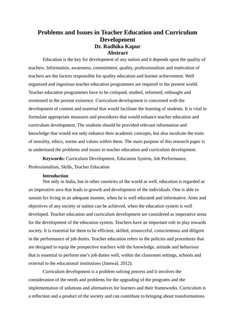 Pdf Problems And Issues In Teacher Education And Curriculum Development