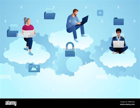 People Working On Their Computers On Clouds Remote Work Cloud Computing Online Teamwork
