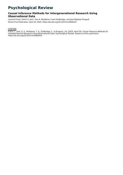 Pdf Causal Inference Methods For Intergenerational Research Using Observational Data
