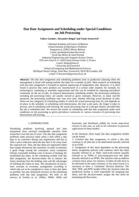 Pdf Due Date Assignment And Scheduling With Special Conditions On Job